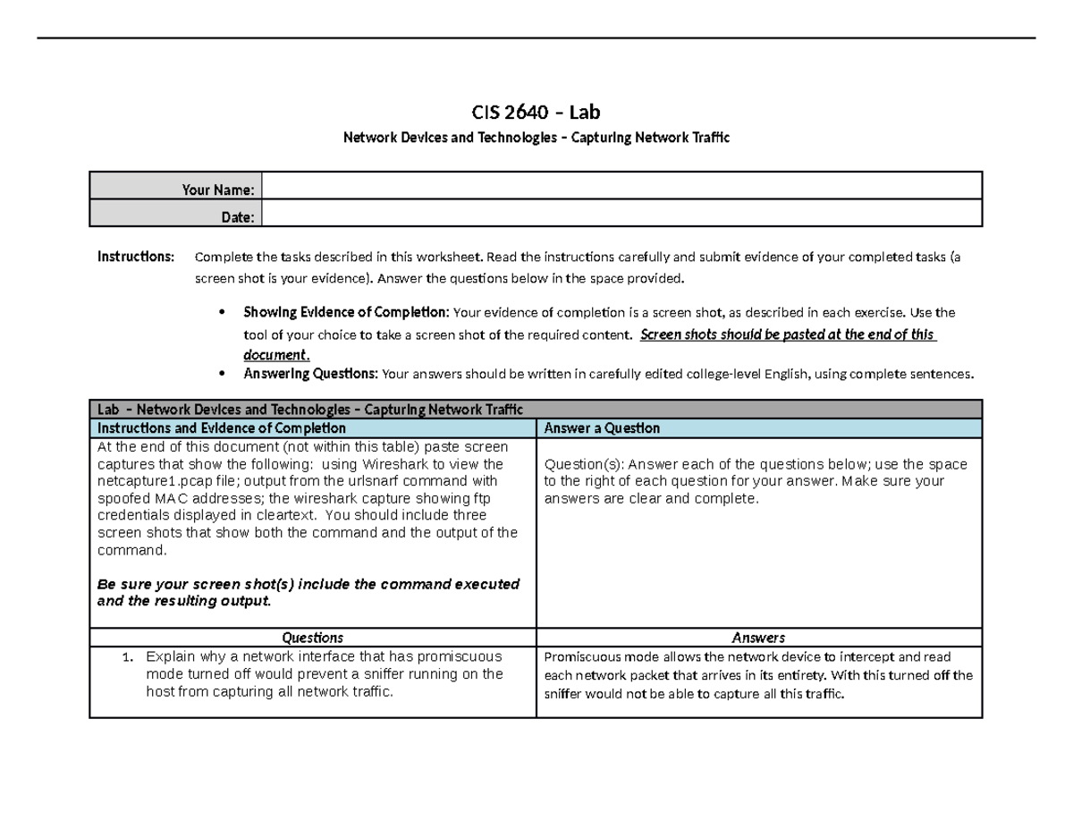 Ch 1 Lab 1 Network Devices and Technologies Capturing Network Traffic - CIS 2640 – Lab Network ...