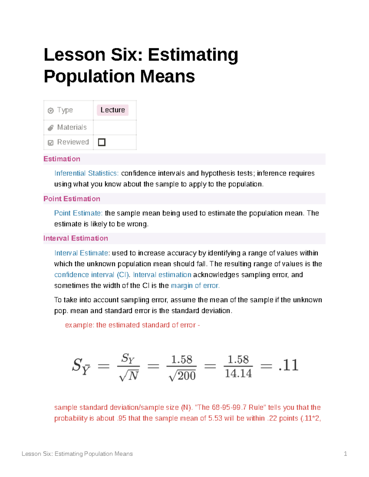 Lesson Six Estimating Population Means - Lesson Six: Estimating ...