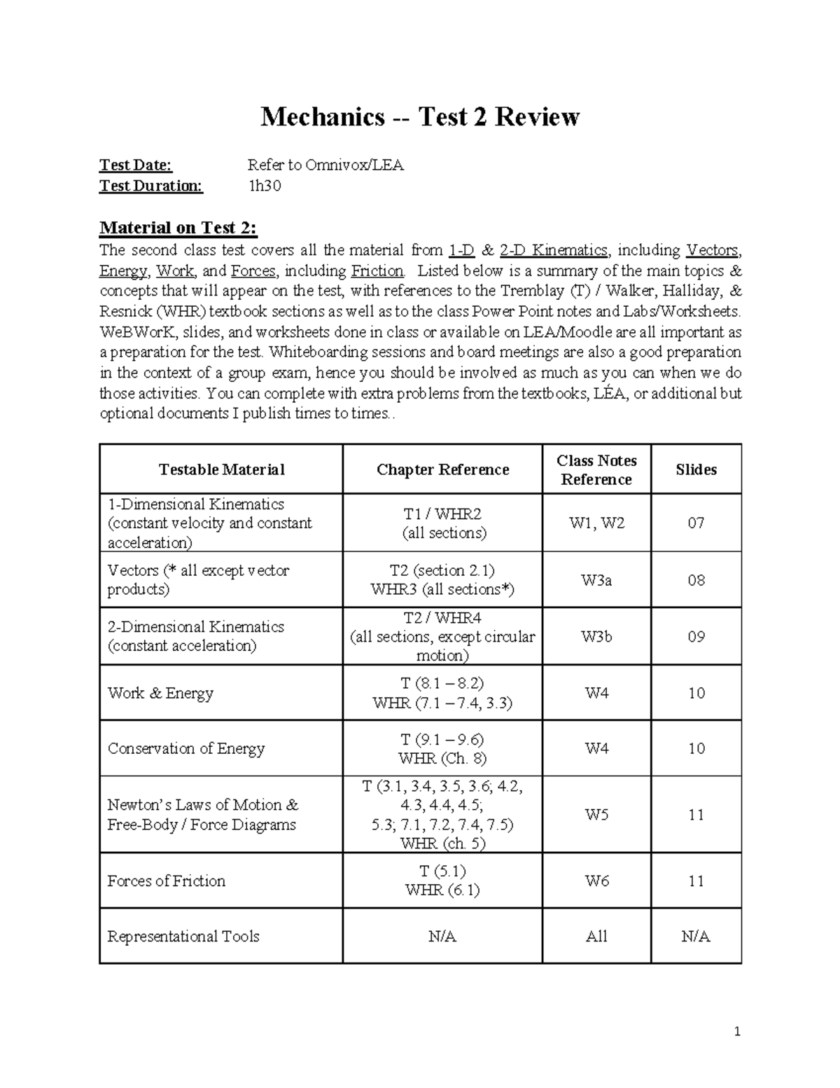 F2018 Mechanics Test 2 - Re - 1 Mechanics - Test 2 Review Test Date ...