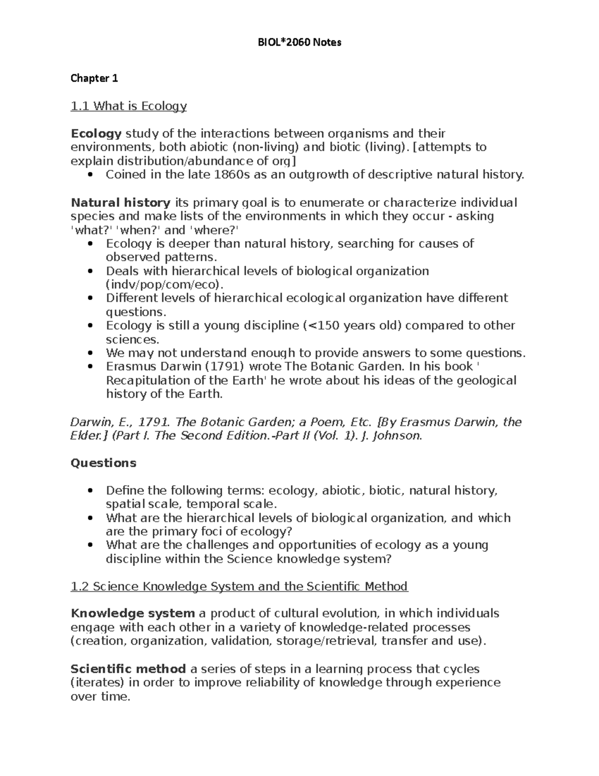 BIOL 2060 Notes - Chapter 1 1 What is Ecology Ecology study of the ...
