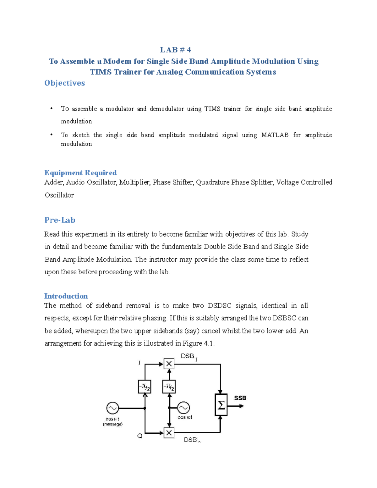 Lab 5 To Assemble a Modem for Single Side Band Amplitude Modulation ...