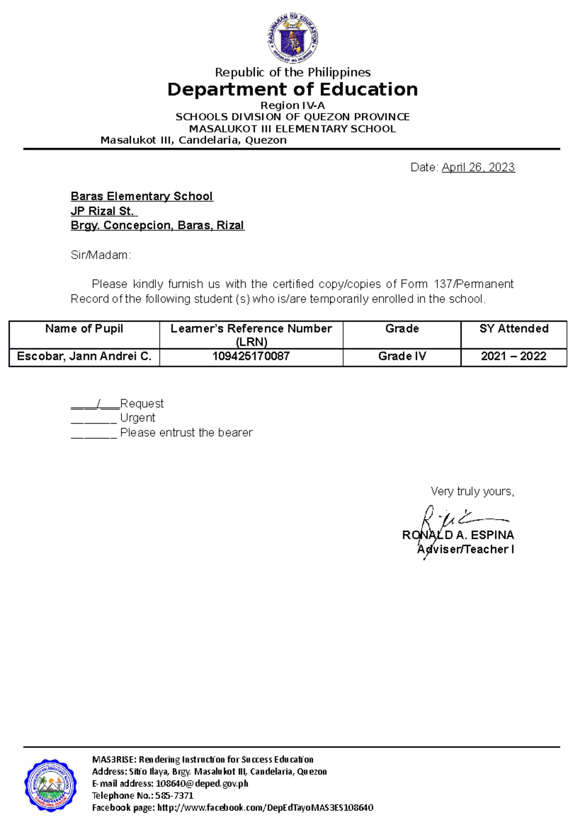 Letter-of-Request SF-10 Escobar-Jann-Andrei-C - Republic of the ...