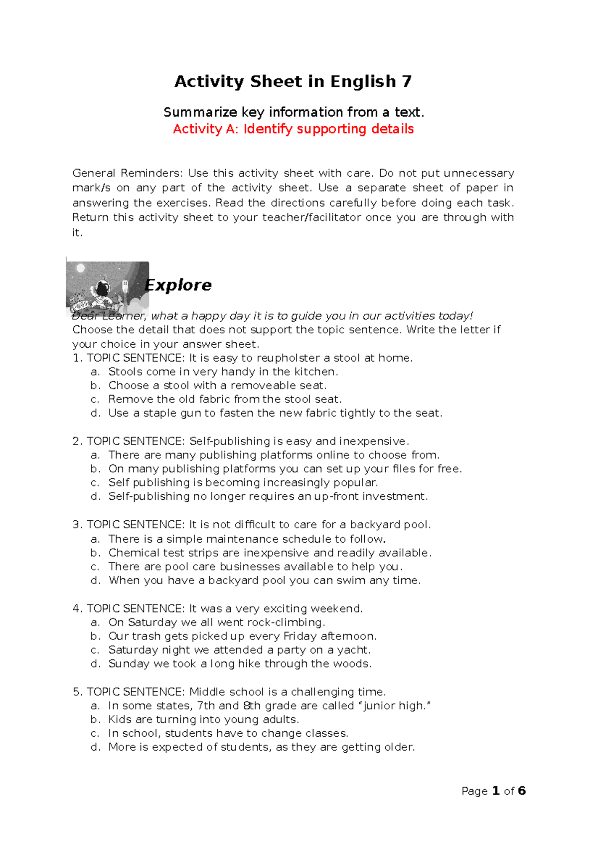 Summarizing A - Activity Sheet in English 7 Summarize key information ...