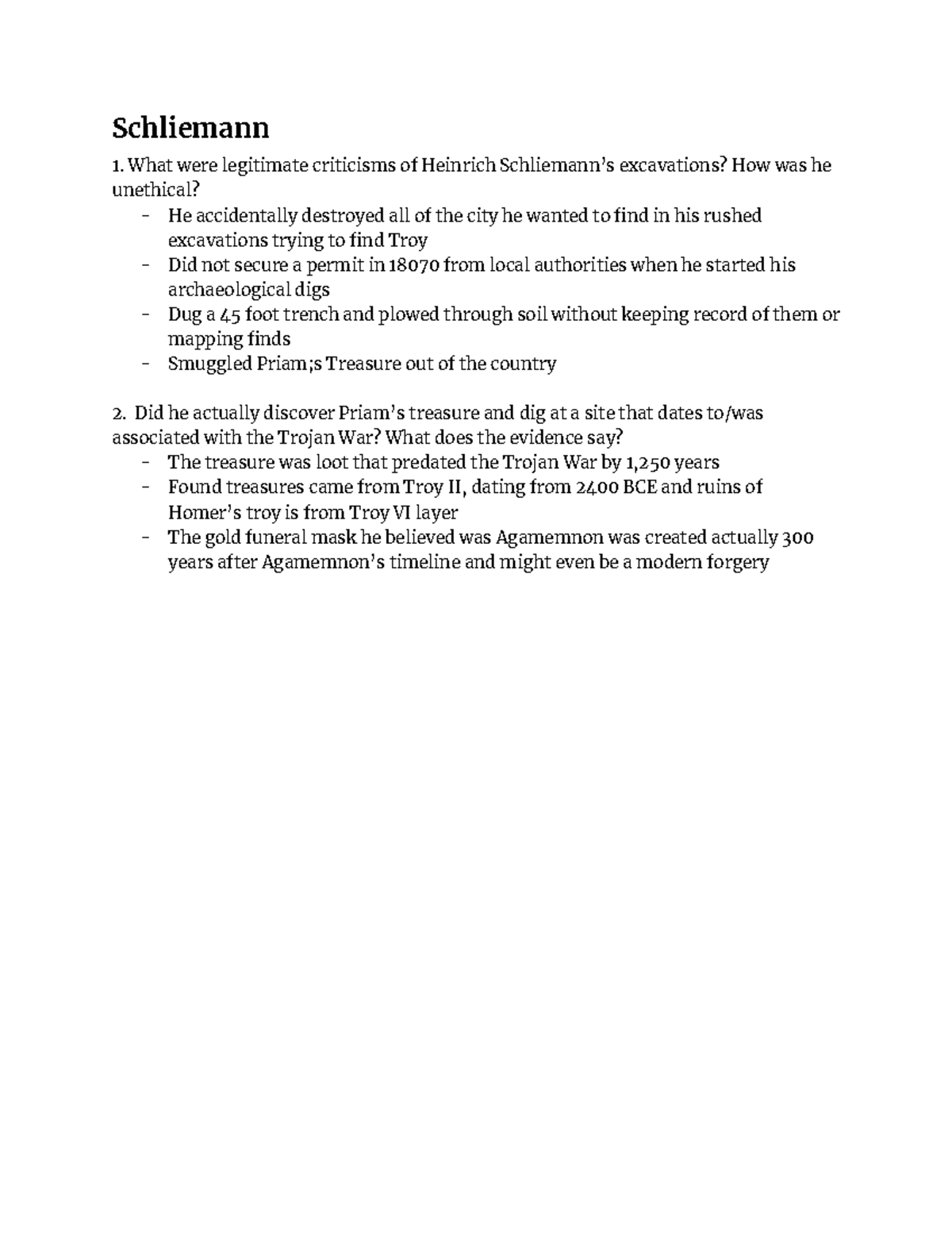 Schliemann - Answered study questions and summary for the Schilemann ...
