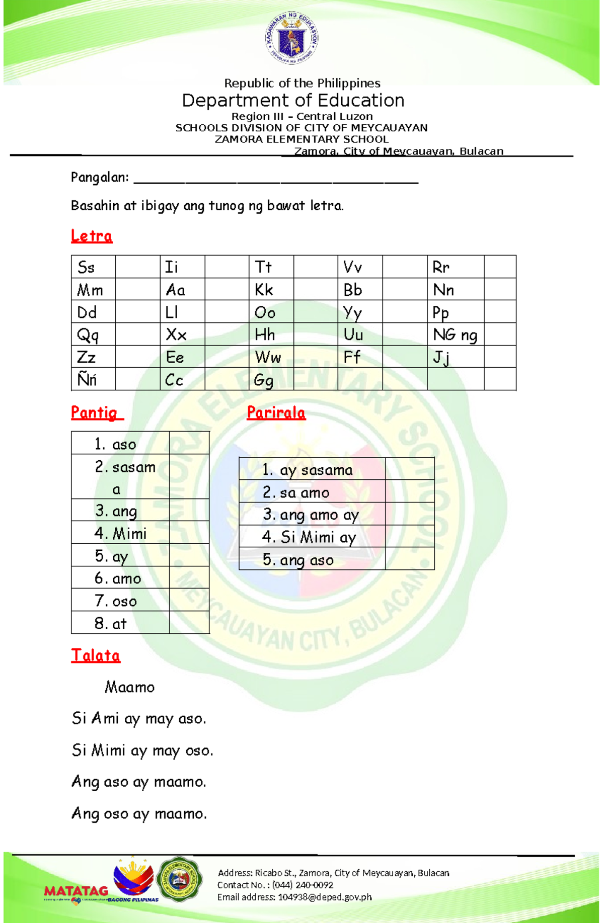 One on one assessment - Republic of the Philippines Department of ...