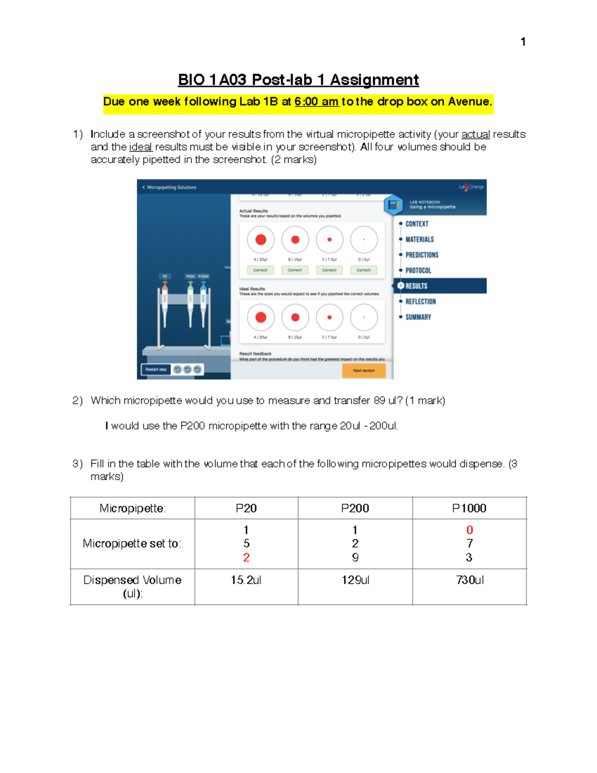 Post-lab 1 Assignment F2021 - BIO 1A03 Post-lab 1 Assignment Due one week following Lab 1B at 6: ...