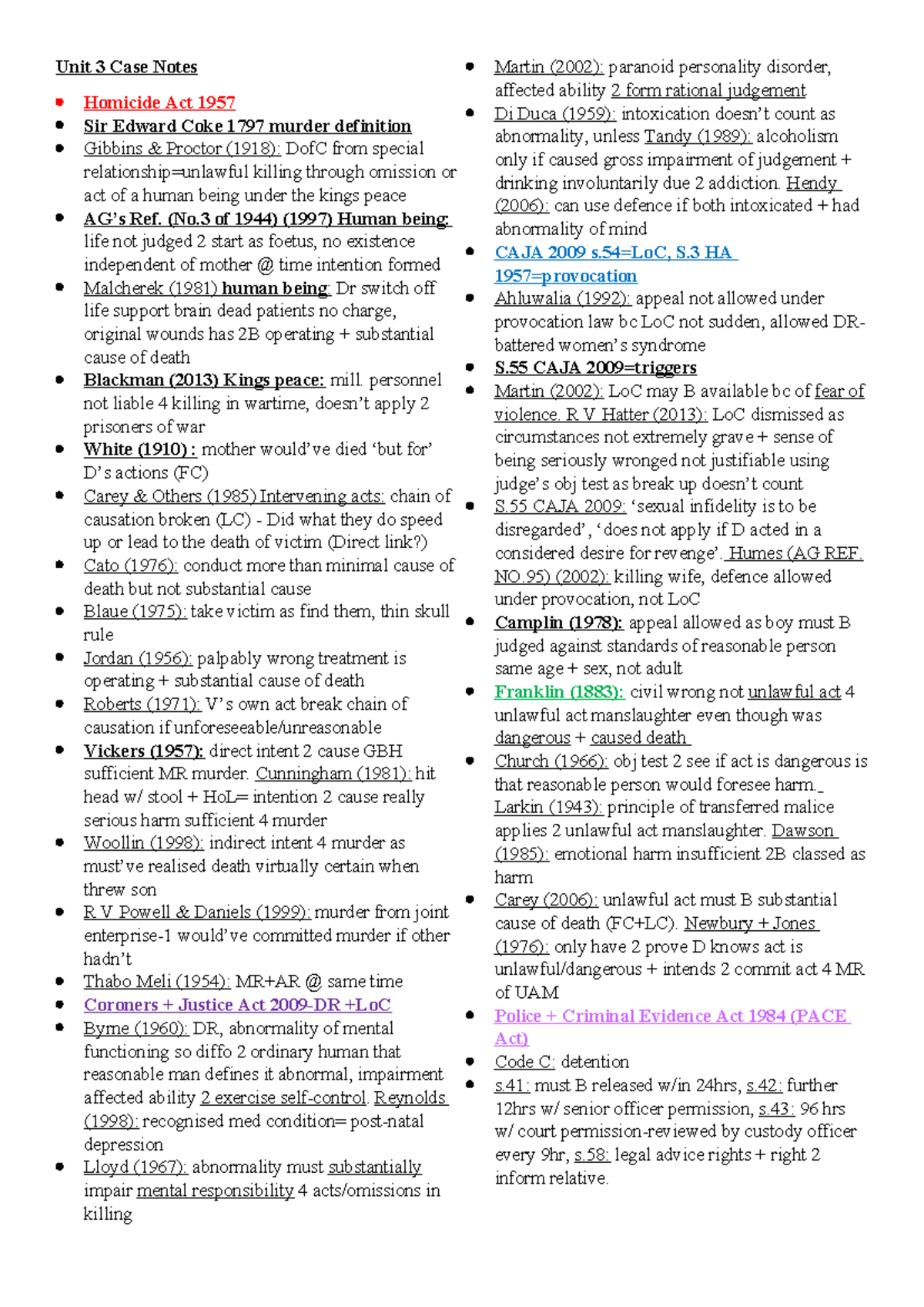 Unit 3 Case Notes - Unit 3 Case Notes Homicide Act 1957 Sir Edward Coke ...