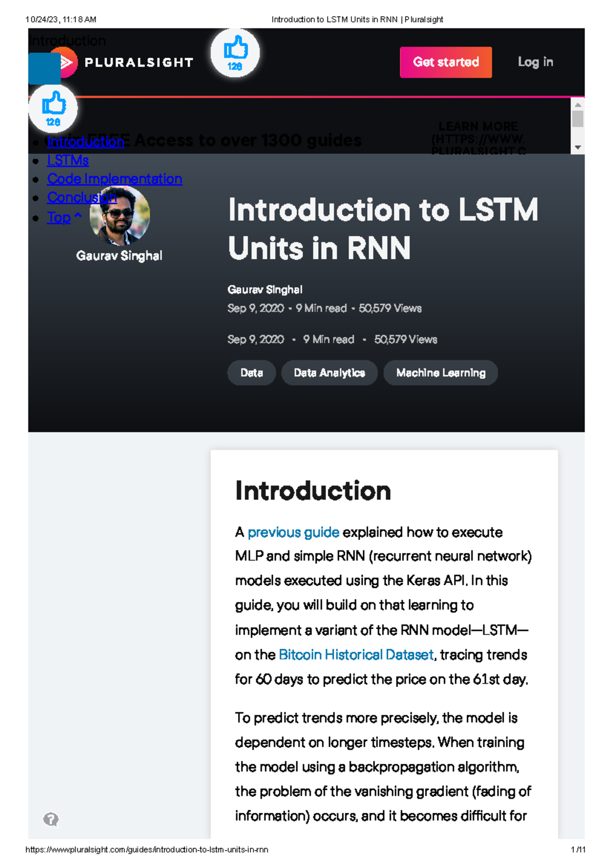 Introduction to LSTM Units in RNN Pluralsight - Get started Log in Gain FREE Access to over 1300 ...