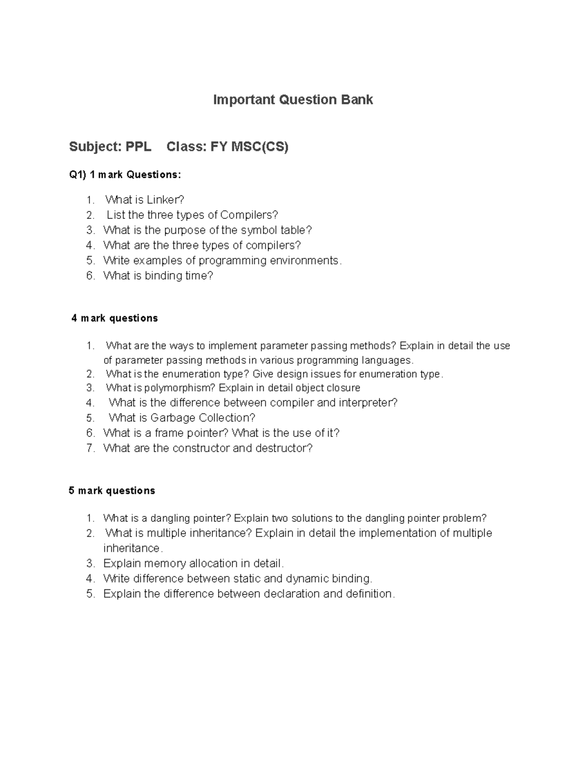 PPL 2024-25 - Practice purpose - Important Question Bank Subject: PPL ...