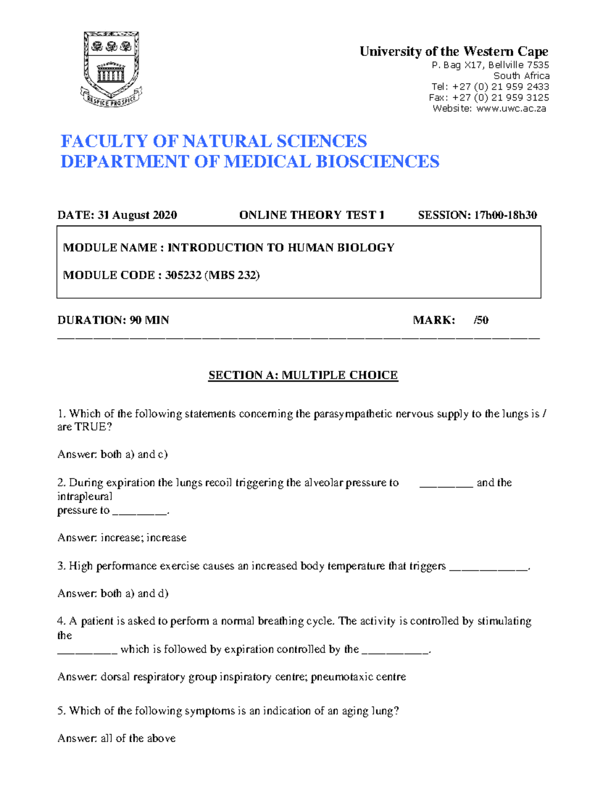 MBS 232 Theory TEST 1 MEMO - University of the Western Cape P. Bag X17 ...
