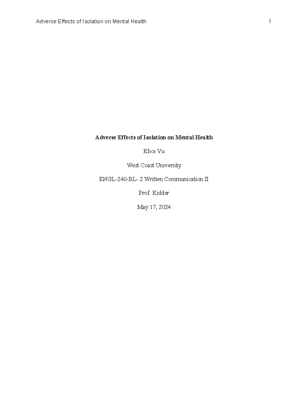 Adverse Effects of Isolation on Mental Health - Kidder May 17, 2024 ...