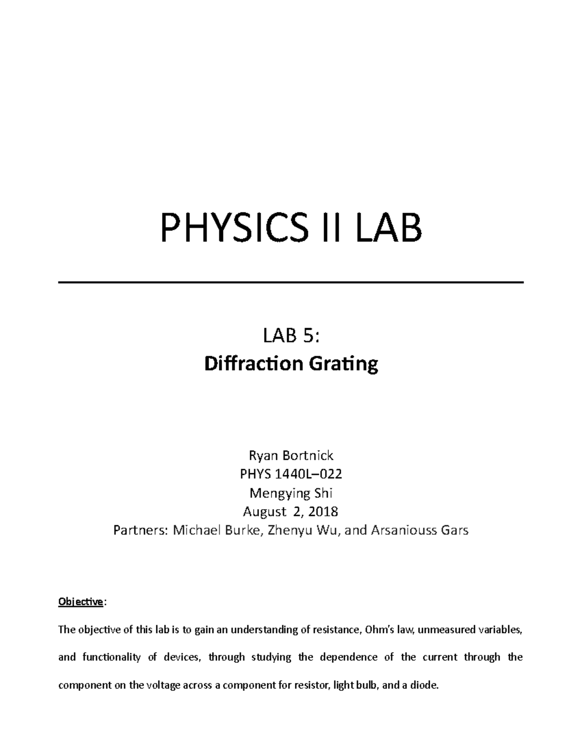 Lab Report 5 - This is the fifth lab for General Physics II. - PHYSICS ...
