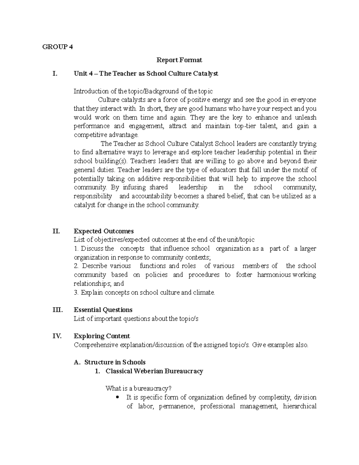 Group-4 UNIT-4 ED10 - None - GROUP 4 Report Format I. Unit 4 – The ...