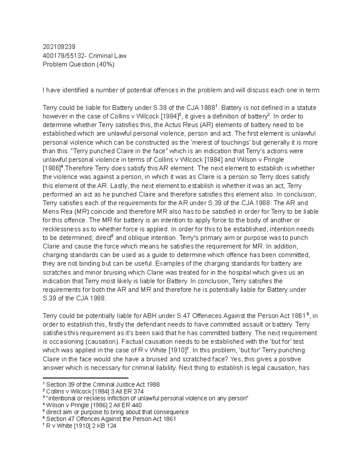 Criminal Law- Problem Question - 202109239 400179/55132- Criminal Law ...