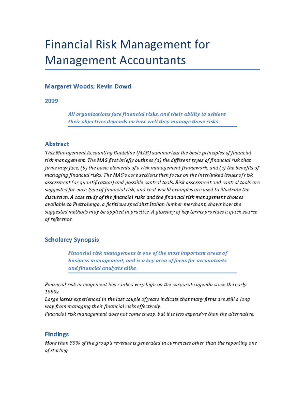 Financial Risk Management for Management Accountants - Financial Risk ...