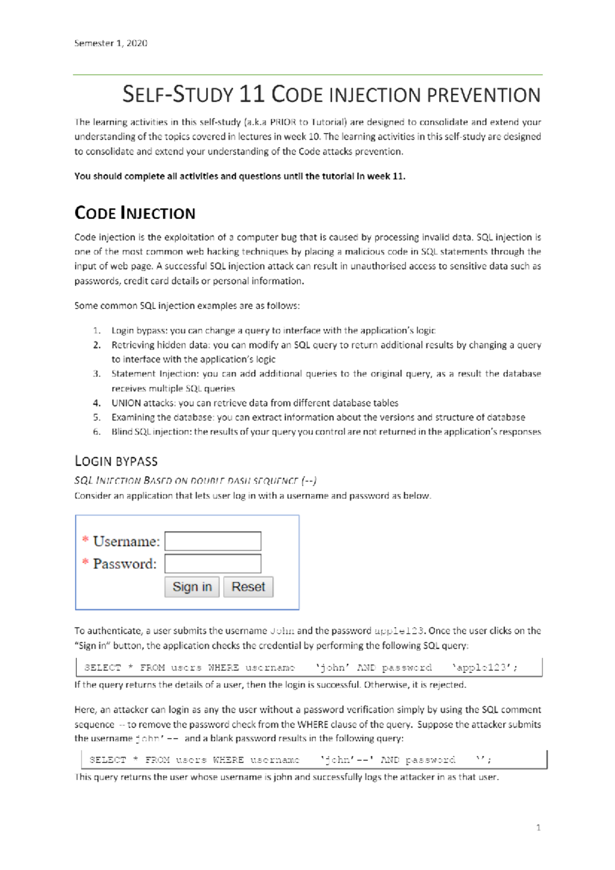 SS11 Code Injection - KIT502 Web Development - K7I - UTAS - Studocu