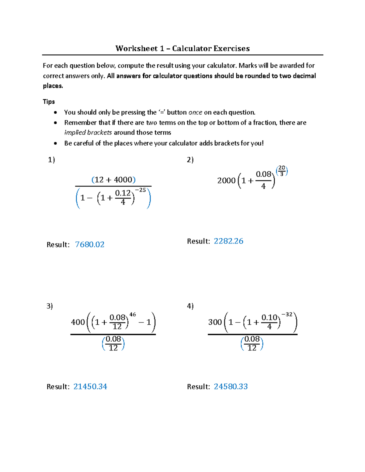 Worksheets - Week 5 - 1 Calculator Exercises Solutions - Worksheet 1 ...