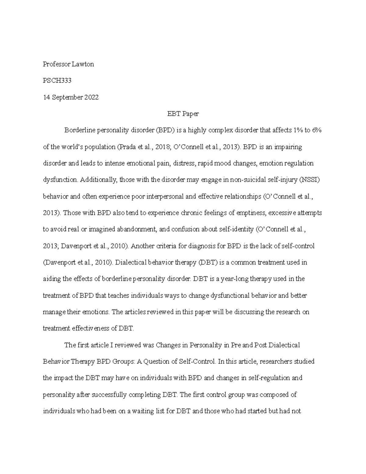 PSCH333 EBT Paper - Professor Lawton PSCH 14 September 2022 EBT Paper ...