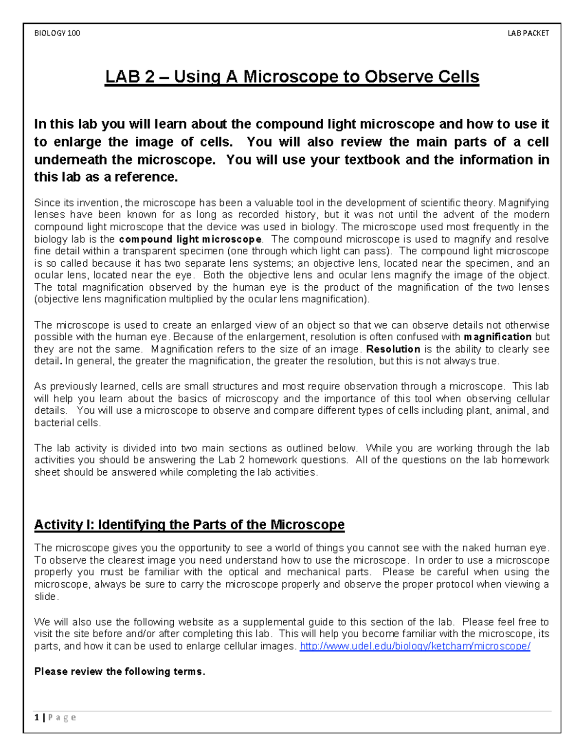 BIOL&100 Module 2-Lab 2 Document - Microscopes and Cells - LAB 2 ...