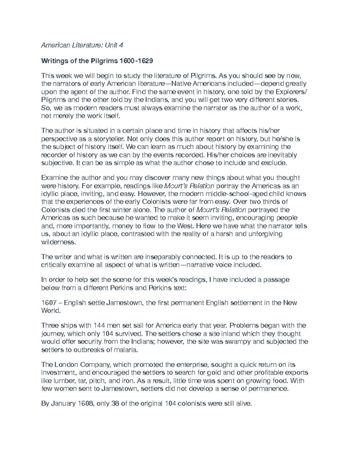 Am lit 4 - Pilgrims American Literature Class Notes - American ...