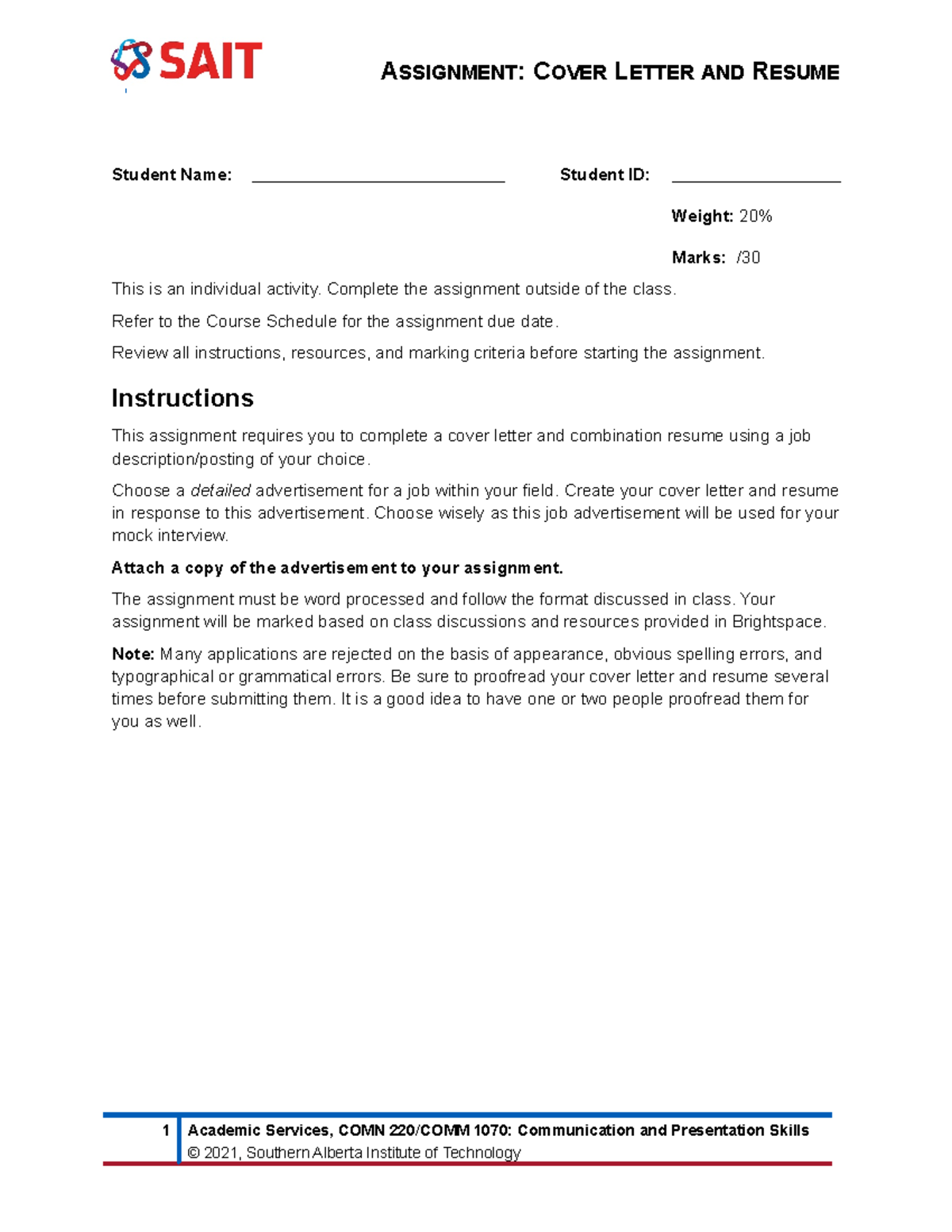 COMN 220 Cover Letter Resume Assgn - ASSIGNMENT: COVER LETTER AND ...