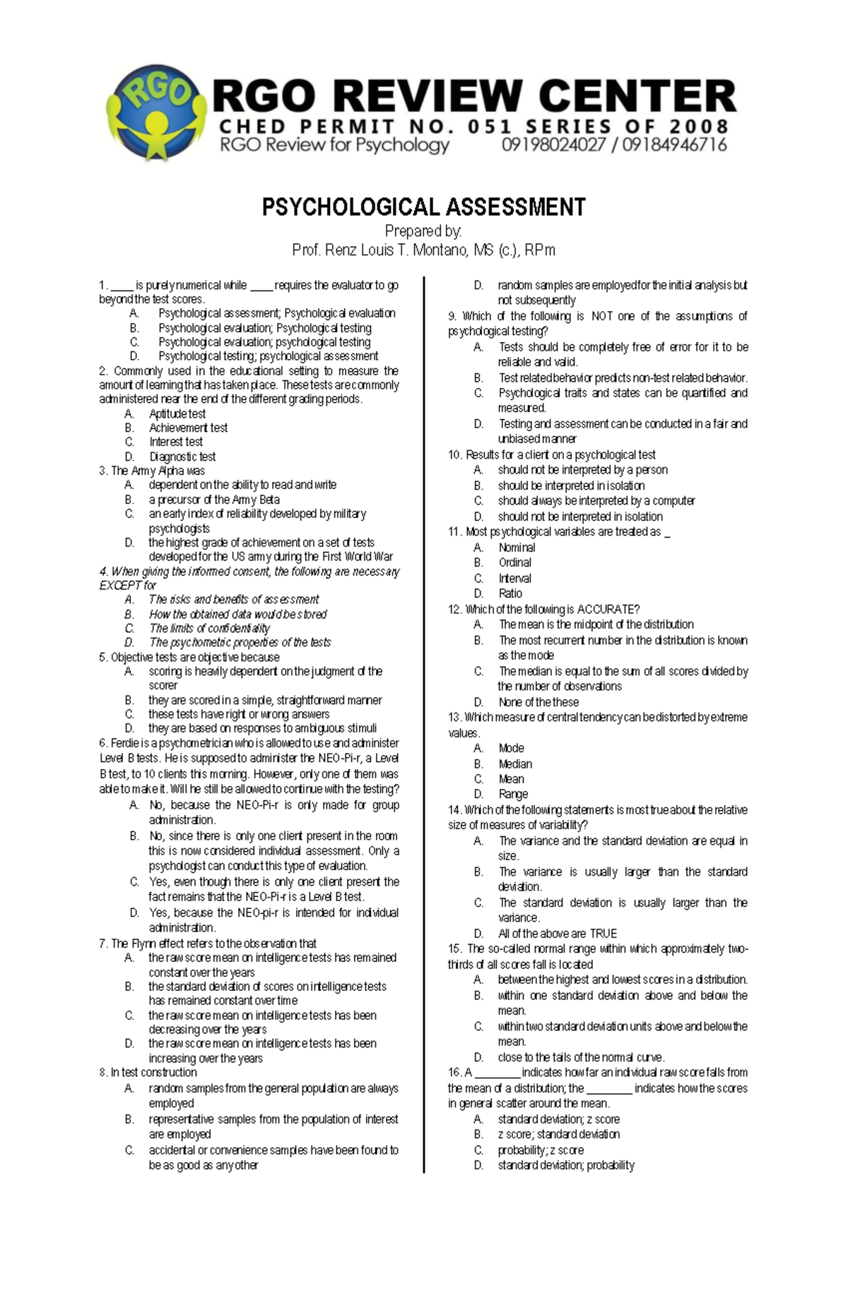 Psych Assessment Drill Refresher Course - PSYCHOLOGICAL ASSESSMENT Prepared by: Prof. Renz Louis ...