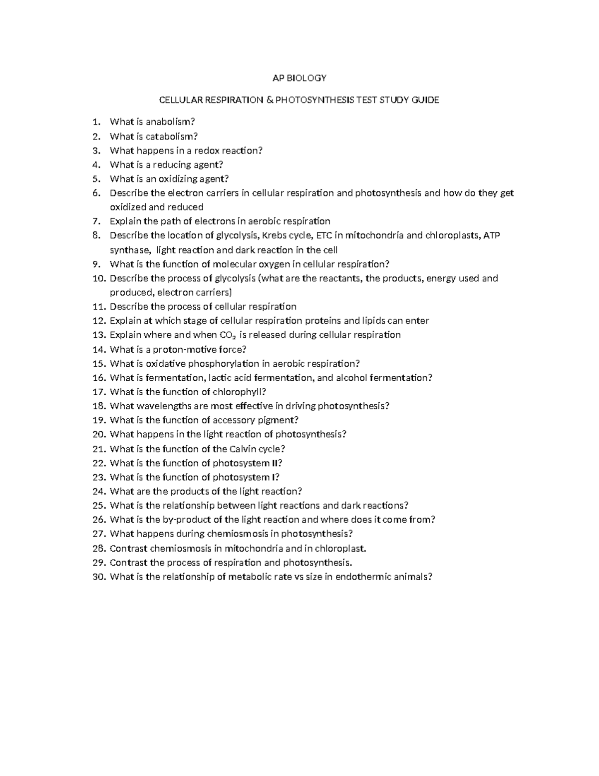 Cellular Respiration Photosynthesis Study Guide - AP BIOLOGY CELLULAR ...