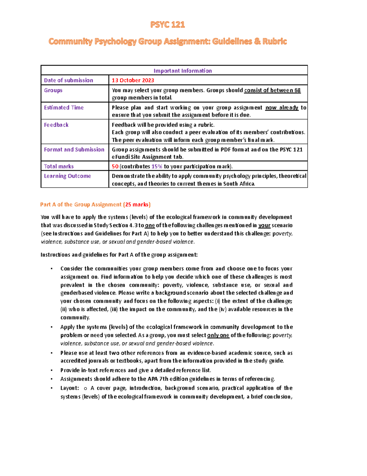 2023 PSYC121 Community Psychology Group Assignment Guidelines (2 ...