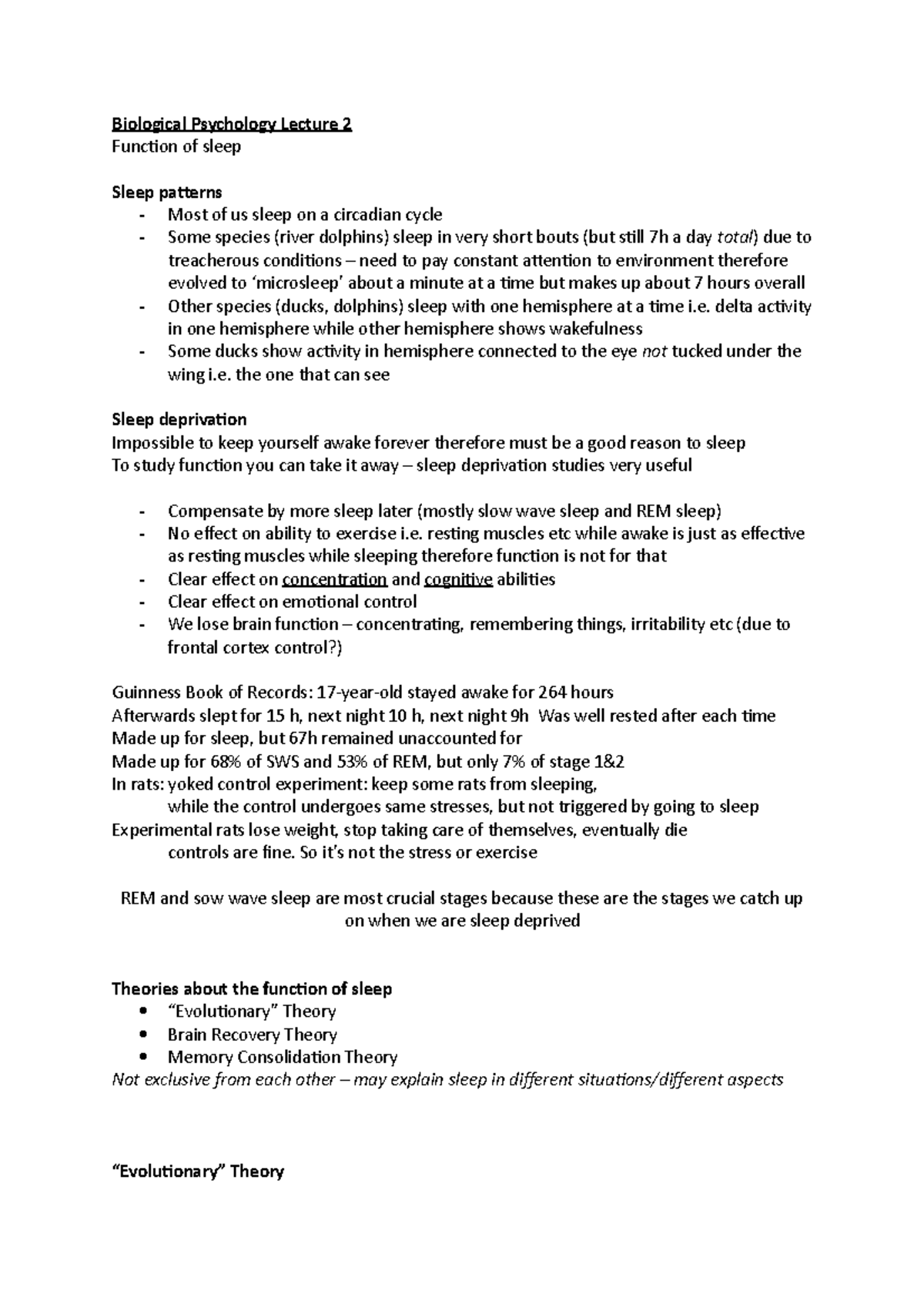 Biological Lecture 2 - Functions of Sleep - Biological Psychology ...