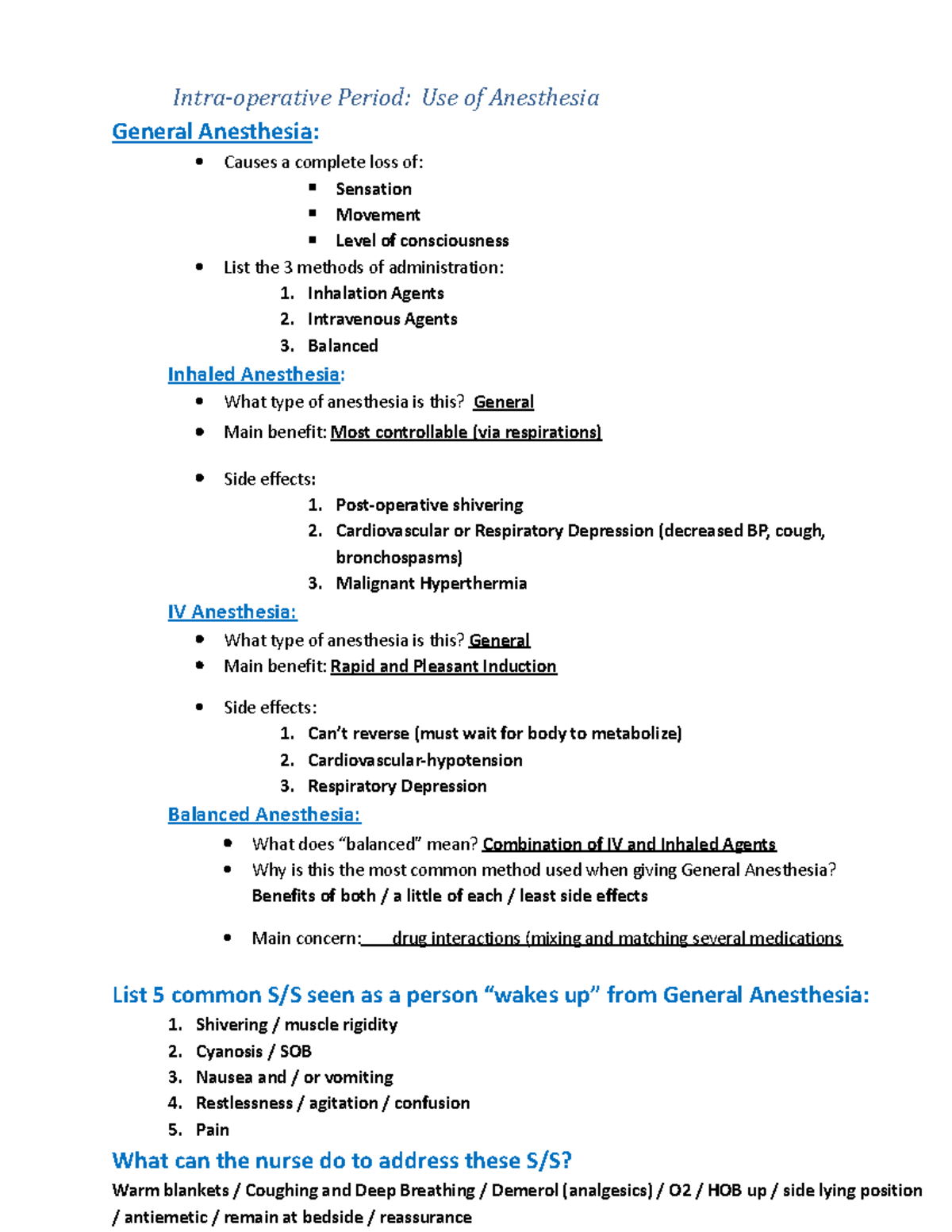 Handout Use of Anesthesia Worksheet Answer Key - Intra-operative Period ...