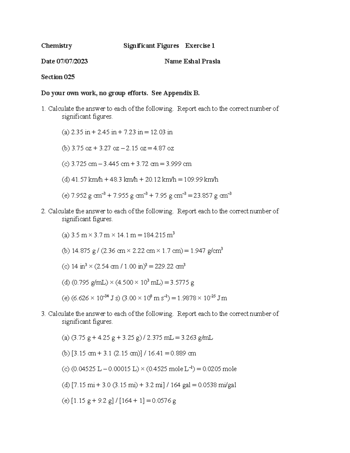 Chemistry Significant Figures Exercise 1 - See Appendix B. Calculate ...