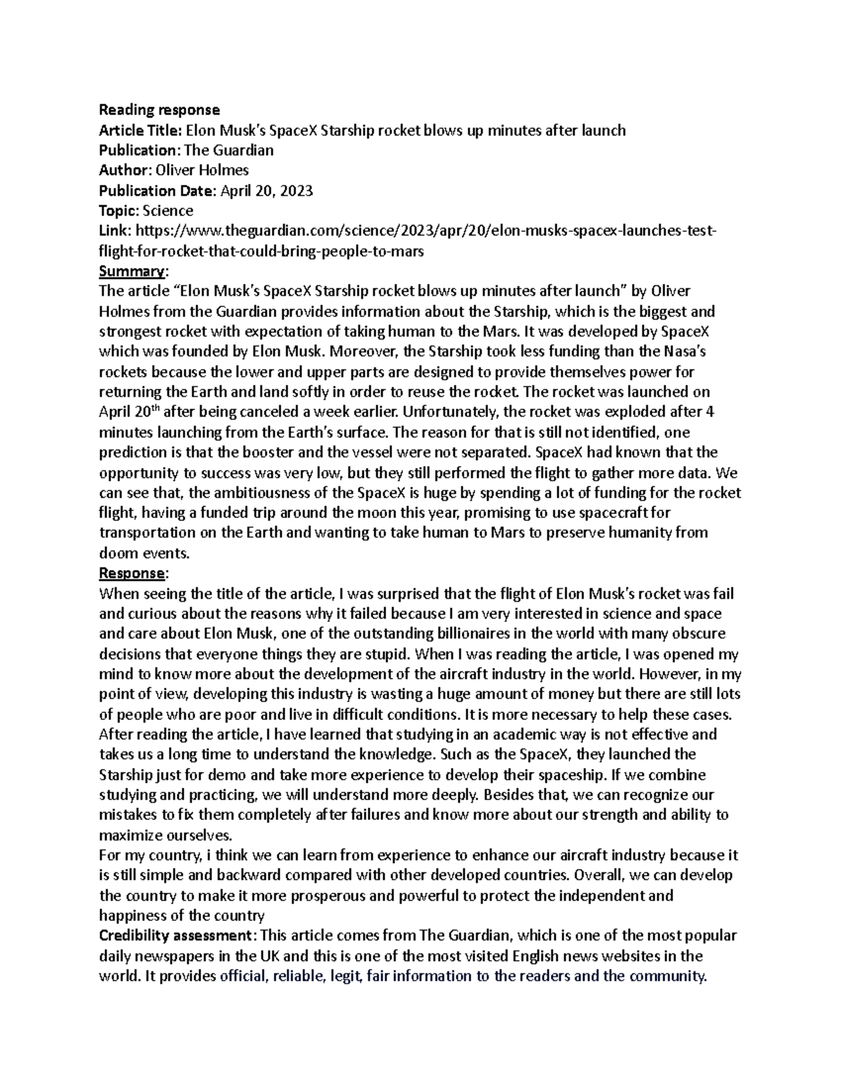 Reading response Level 6 - Reading response Article Title: Elon Musk’s ...