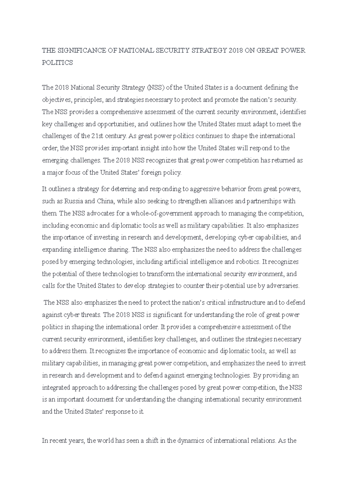 THE SIGNIFICANCE OF NATIONAL SECURITY STRATEGY 2018 ON GREAT POWER ...
