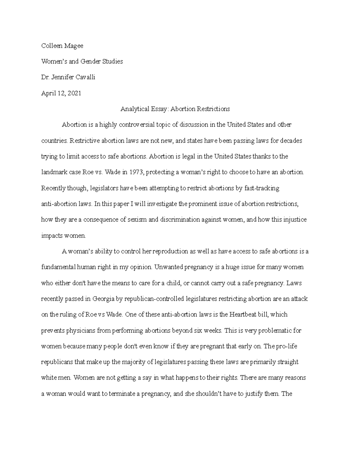 Analytical Essay Final - Colleen Magee Women’s and Gender Studies Dr ...