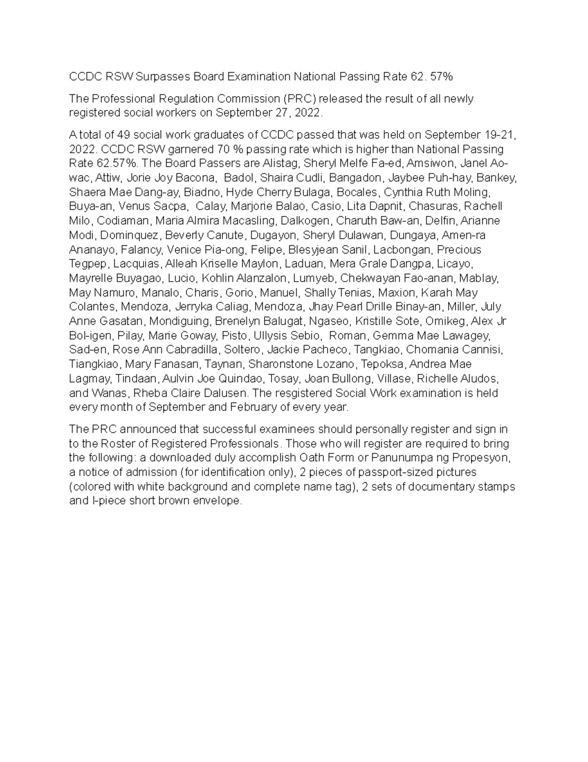 RSW Board Passers - Hsyw - CCDC RSW Surpasses Board Examination ...