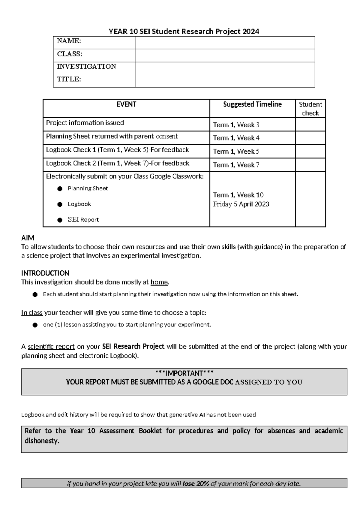 Copy of Y10 Depth Study Student Research Project Booklet 2024 - YEAR 10 ...