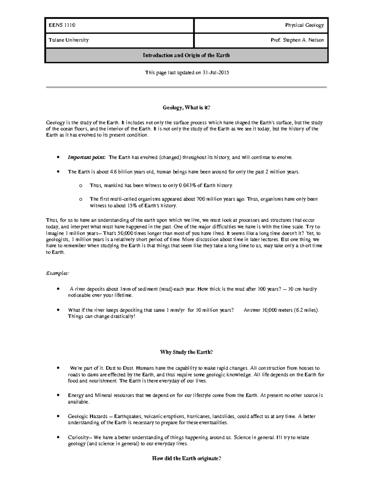 Physical Geology - EENS 1110 Physical Geology Tulane University Prof ...