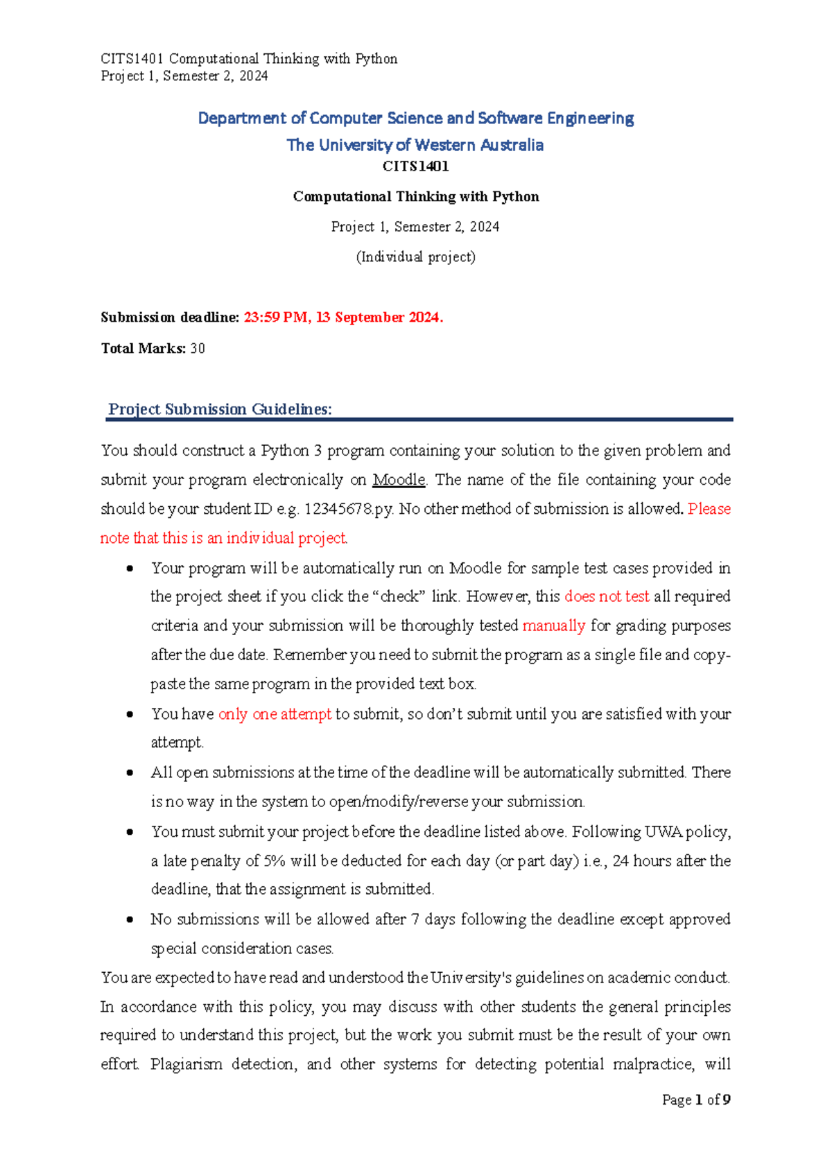 CITS1401 Project 1 - Project 1, Semester 2, 2024 Department of Computer Science and Software ...