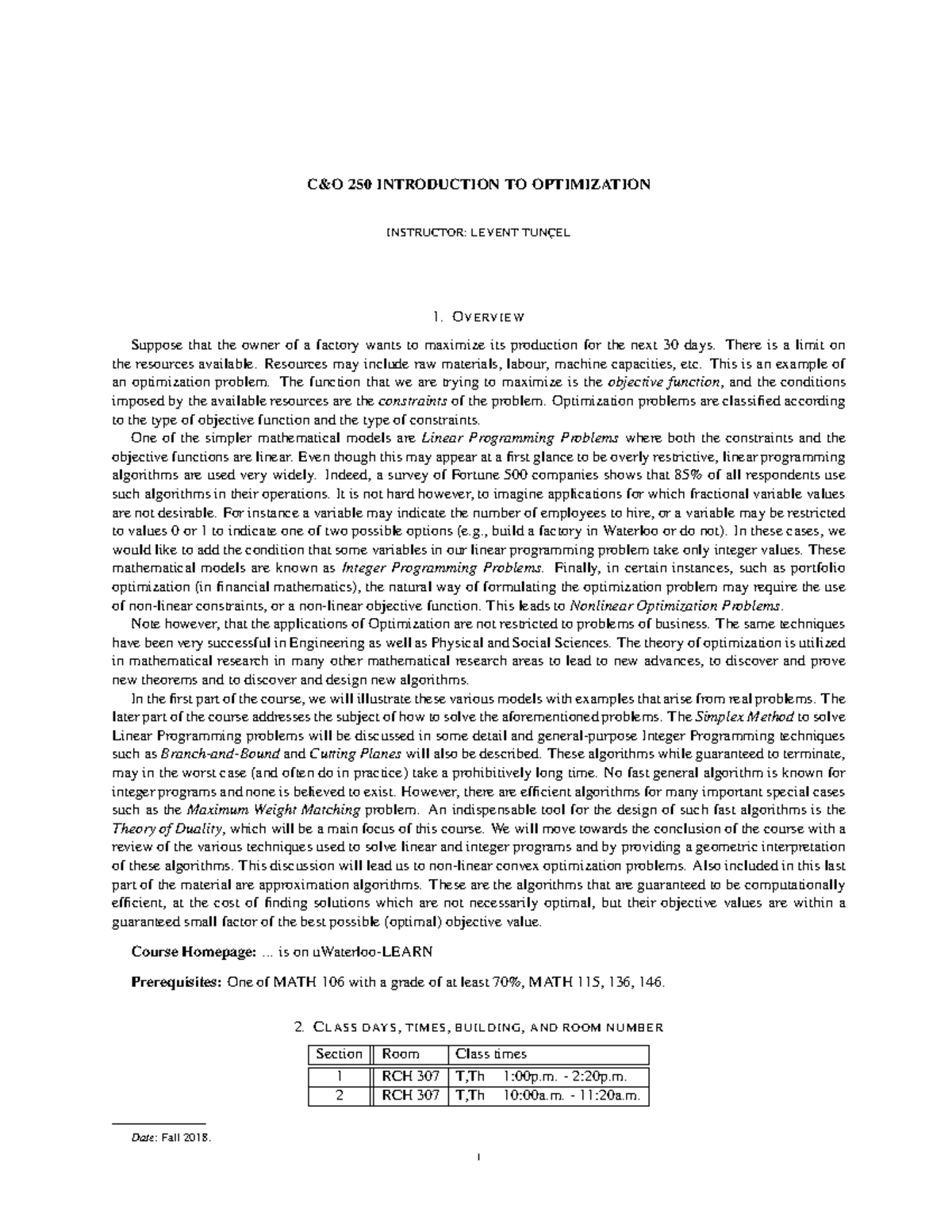 Handout 1 - Course Intro - 250 INTRODUCTION TO OPTIMIZATION INSTRUCTOR: LEVENT TUNC EL 1 ...