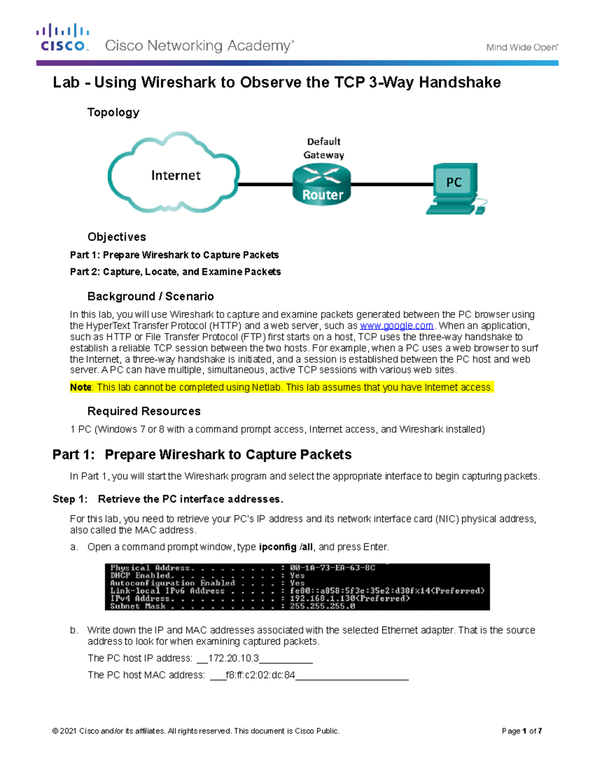 Lab8 None Topology Objectives Part 1 Prepare Wireshark To Capture Packets Part 2 Capture 