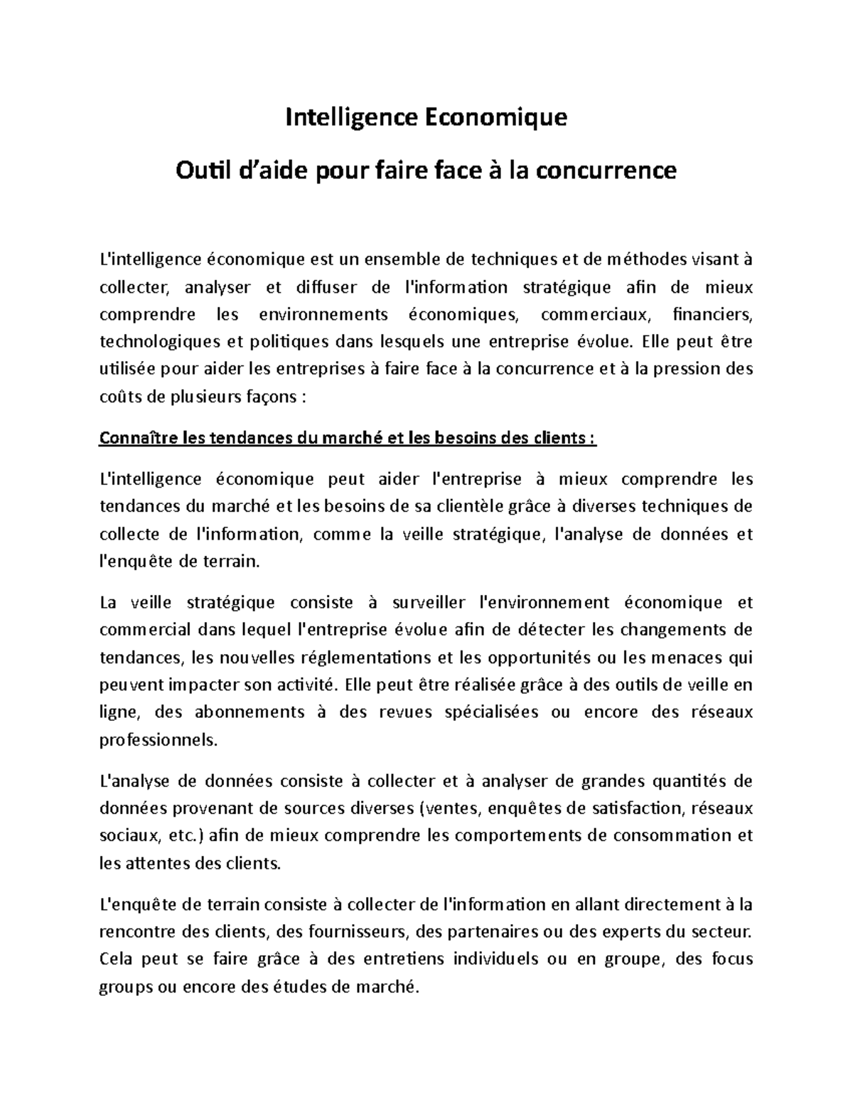 Intelligence Economique Outil d'aide pour faire face à la concurrence ...