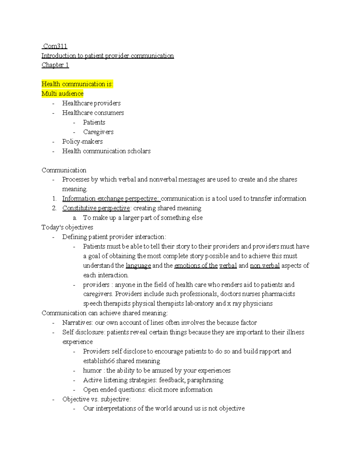 Com311 notes - Com Introduction to patient provider communication ...