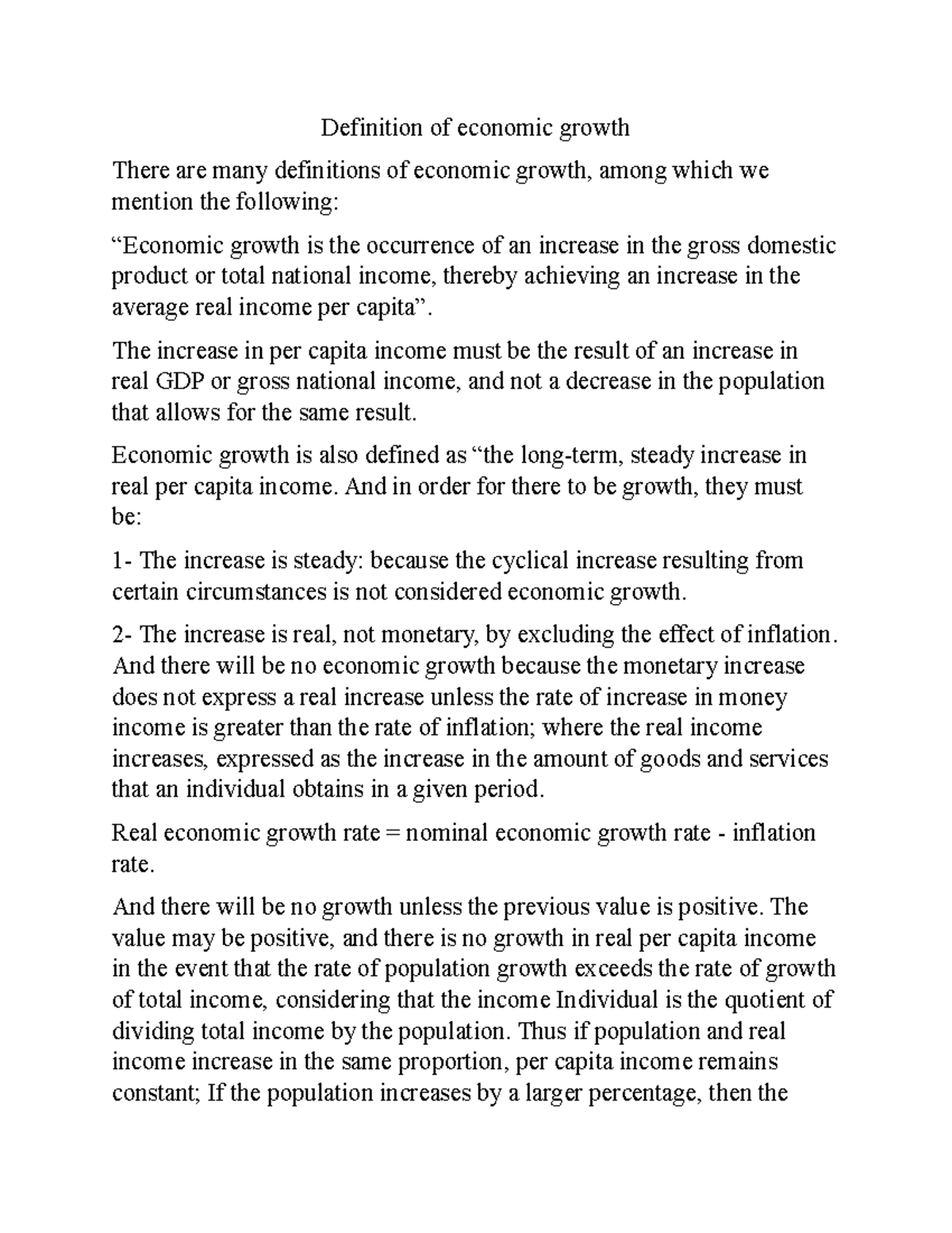 Definition of economic growth - The increase in per capita income must ...