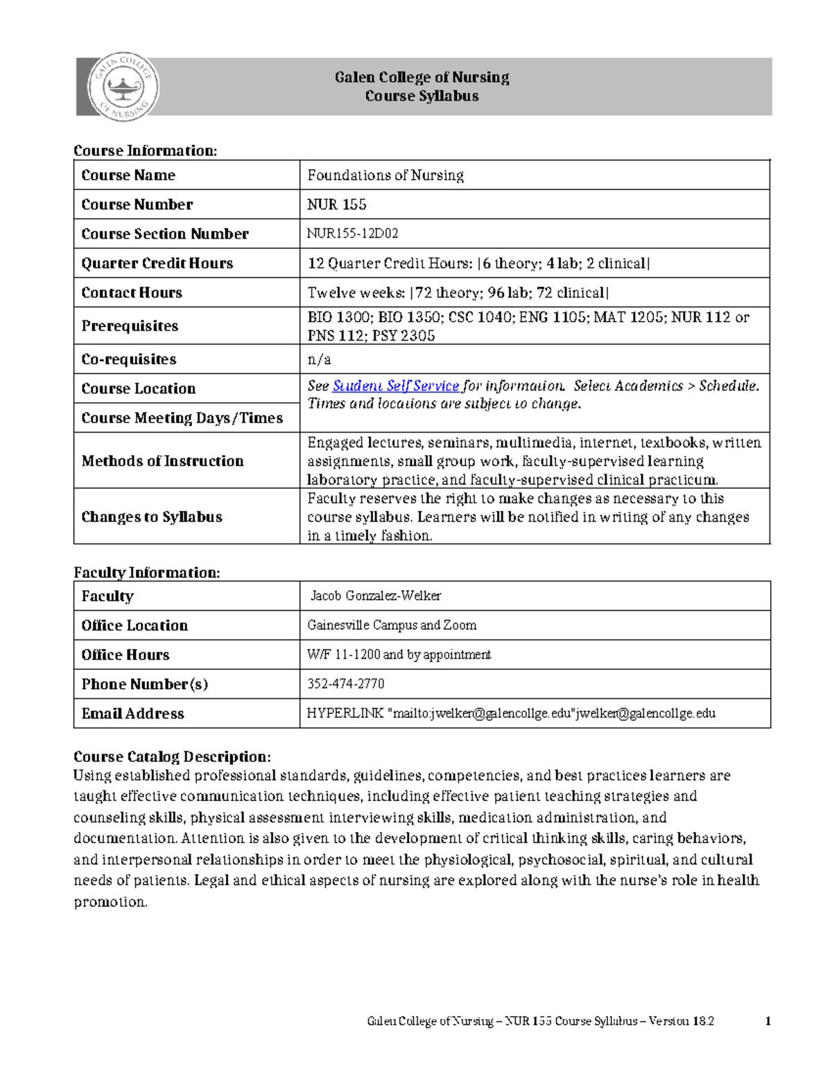 NUR 155 Syllabus Version 18-2 - Galen College of Nursing Course ...