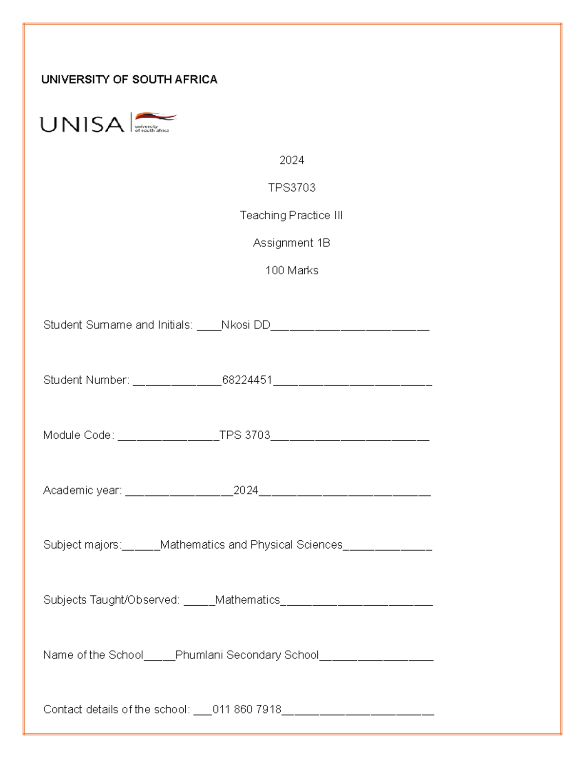 TPS3703 Teaching Practice III Assignment 1B - UNIVERSITY OF SOUTH ...
