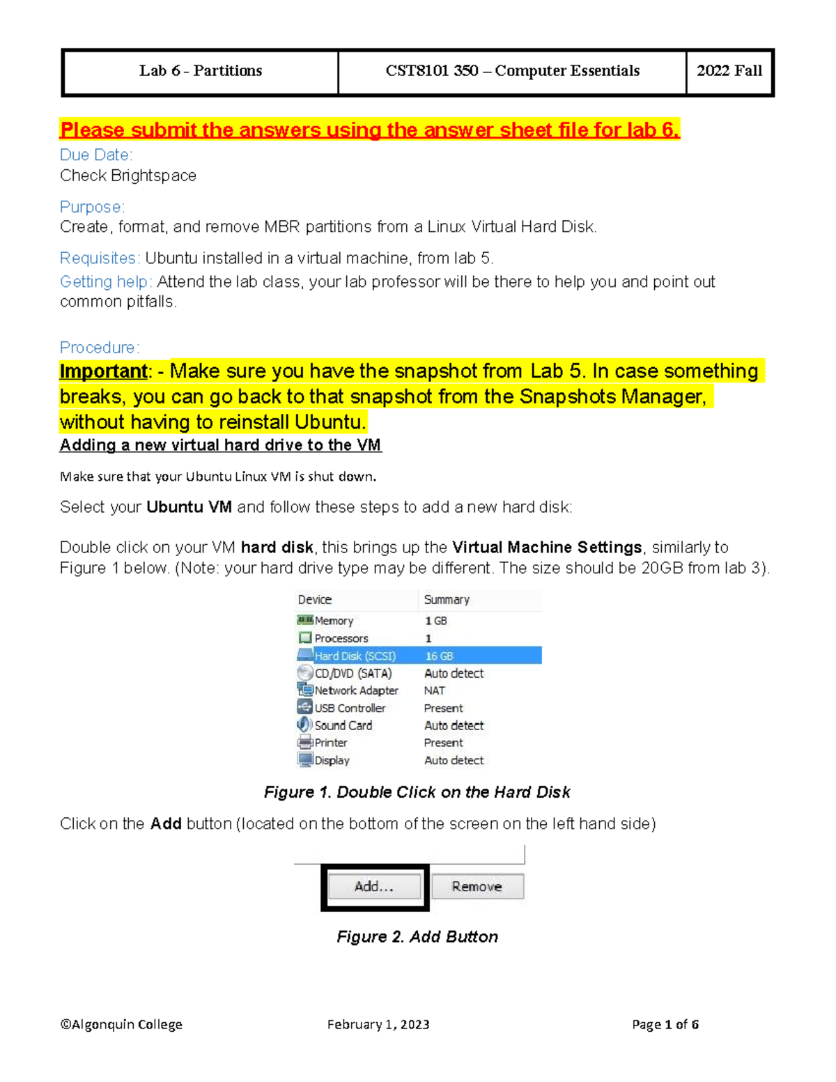 CST8101 350 Lab6 Partitions - Please submit the answers using the answer sheet file for lab 6 ...