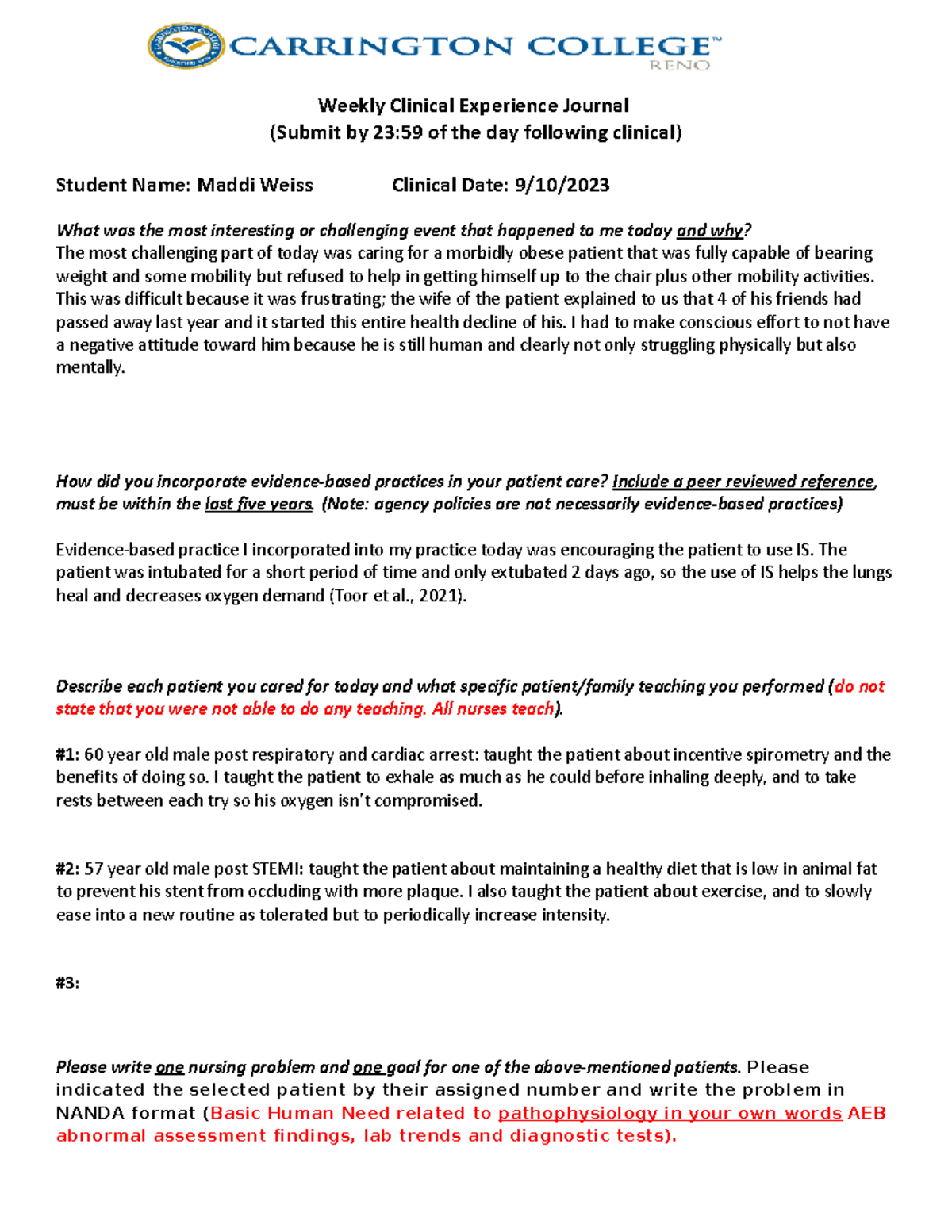 Clinical Journal 3 - Weekly Clinical Experience Journal (Submit by 23: ...