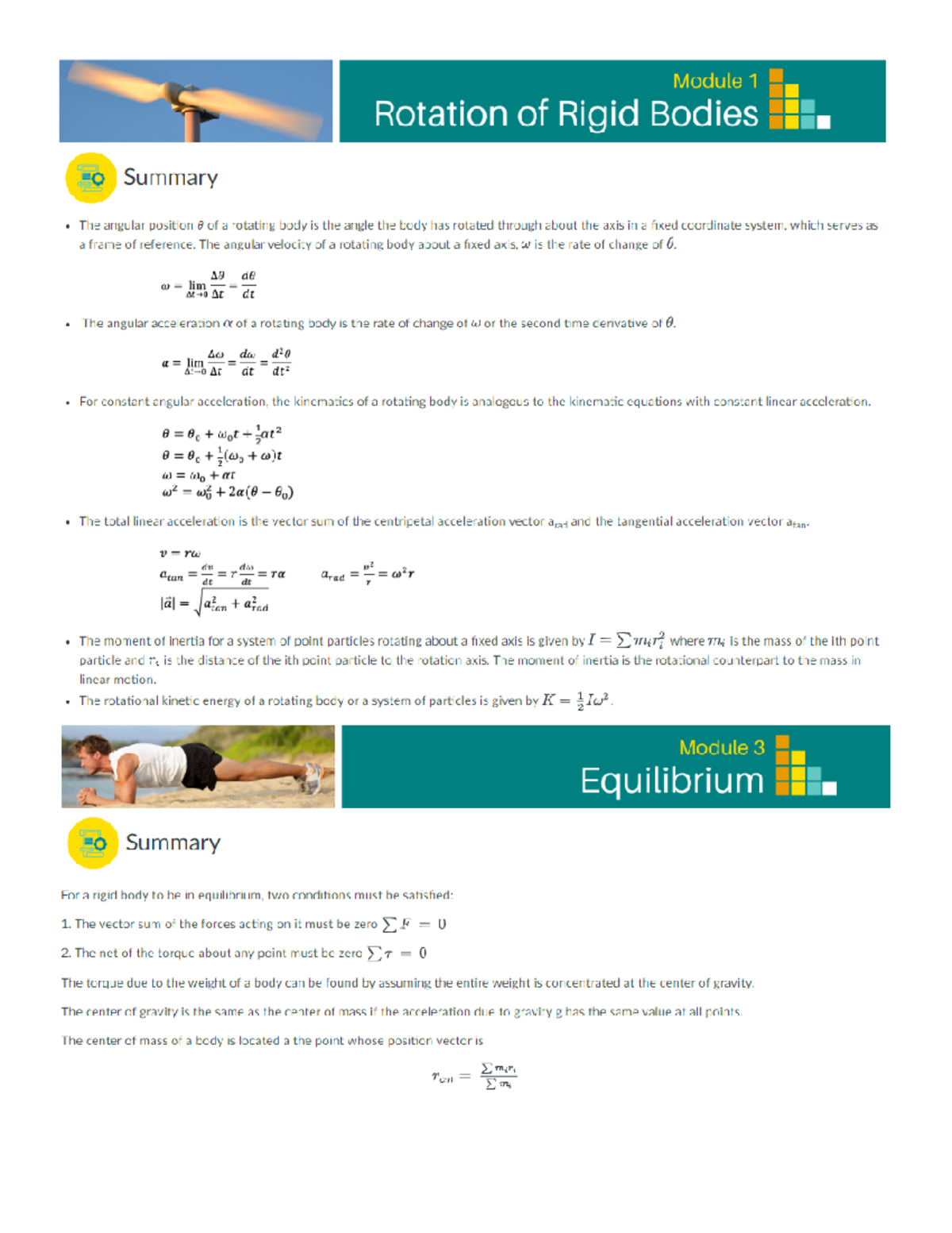 ENGPHYS Module Summary - Module 1 Rotation of Rigid Bodies Summary The angular position 0 of a ...