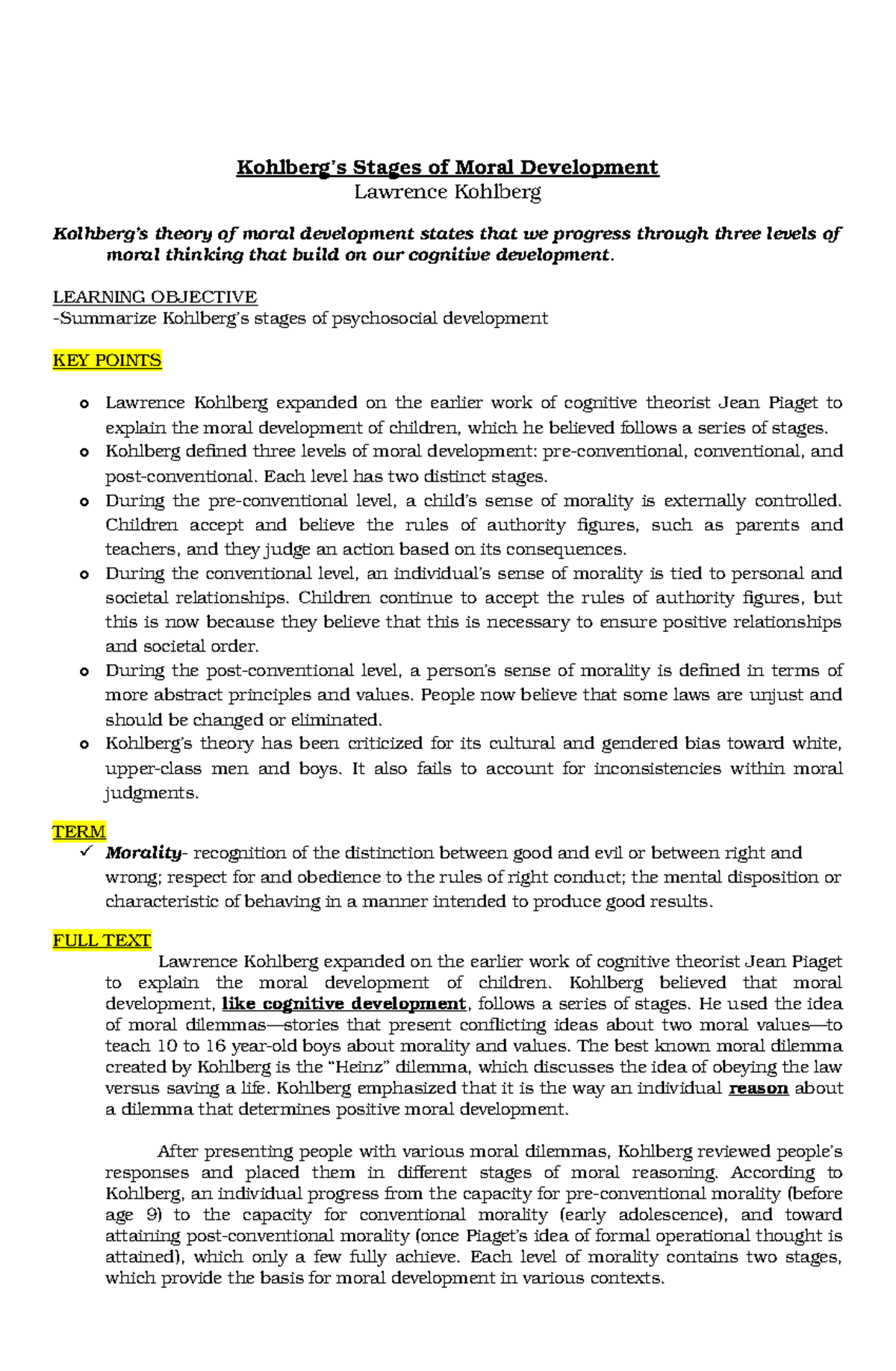 Stud Doc Lawrence Kholberg Moral Development Notes - Kohlberg’s Stages ...