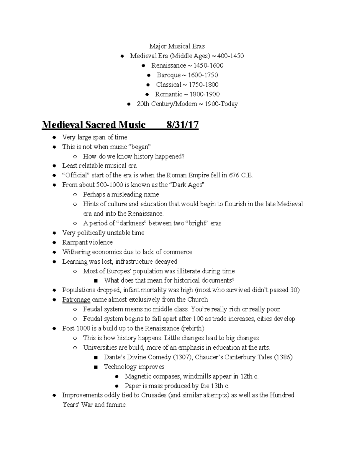 Music Literature Notes - Major Musical Eras Medieval Era (Middle Ages ...